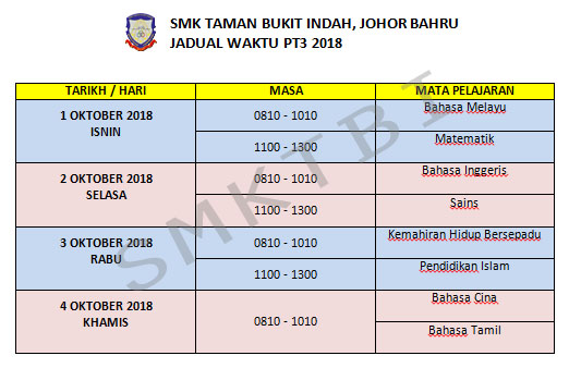 Jadual Waktu PT3 2018 - SMK Taman Bukit Indah, Johor Bahru