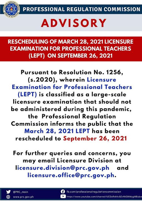 PRC reschedules March 2021 LET