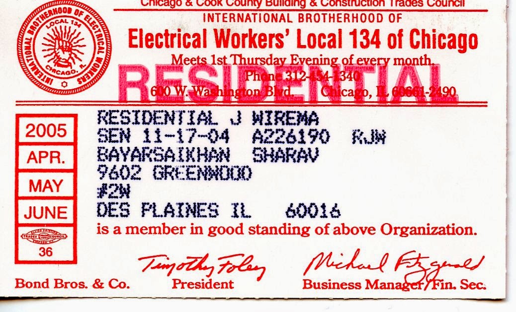 Electric Work: I.B.E.W. Union Local Number 134 Membership Card