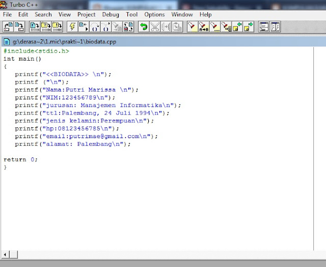Koding Program Bahasa C membuat Biodata Diri