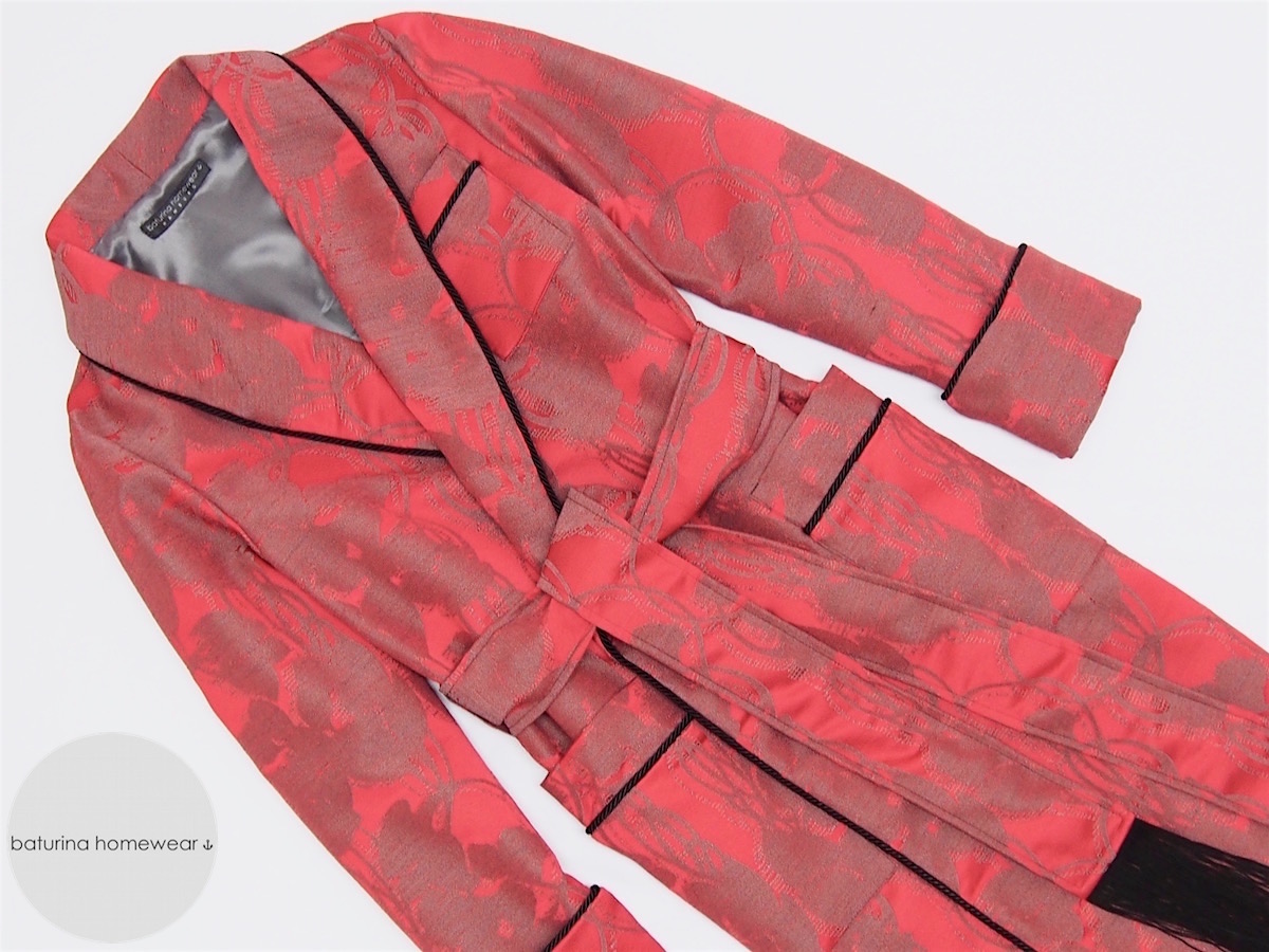 Men's Luxury Red Cotton Robe, Warm Silk-Lined Long Dressing Gown