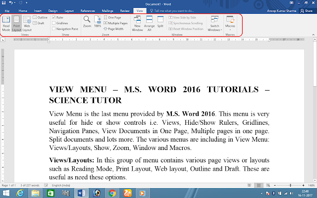 VIEW MENU – M.S. WORD 2016 TUTORIALS – SCIENCE TUTOR