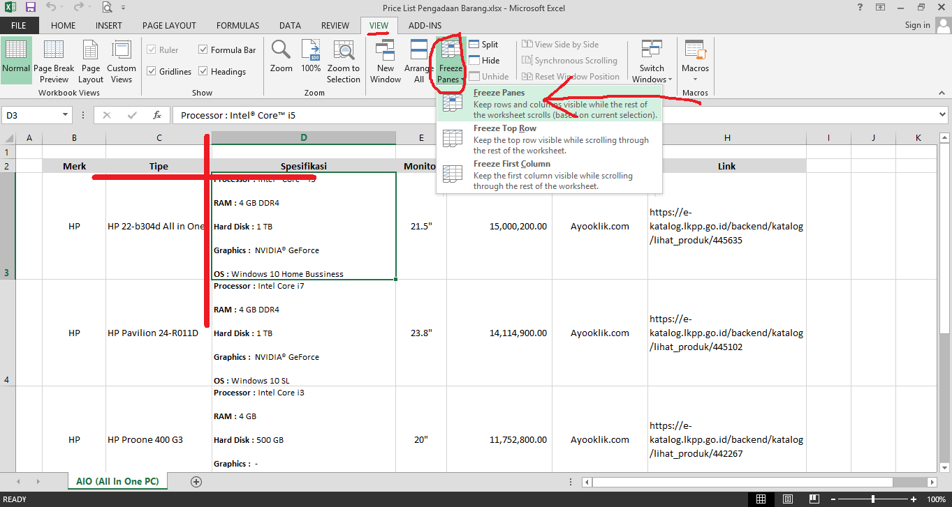 CARA MEMBUAT FREEZE PANEL BARIS DAN KOLOM SEKALIGUS PADA MICROSOFT ...