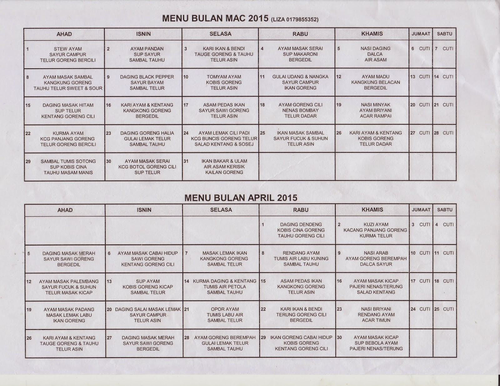 Alor Setar Mangkuk Tingkat : Menu Bulan Mac Dan April 2015