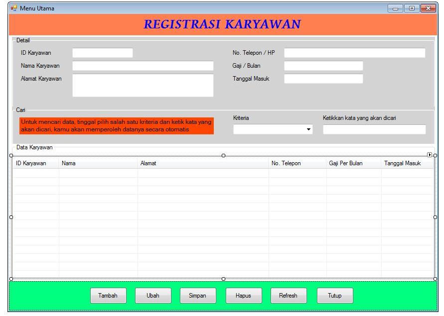 Sampel CRUD Dalam Program Registrasi KaryawanBelajar Visual Studio 2010
