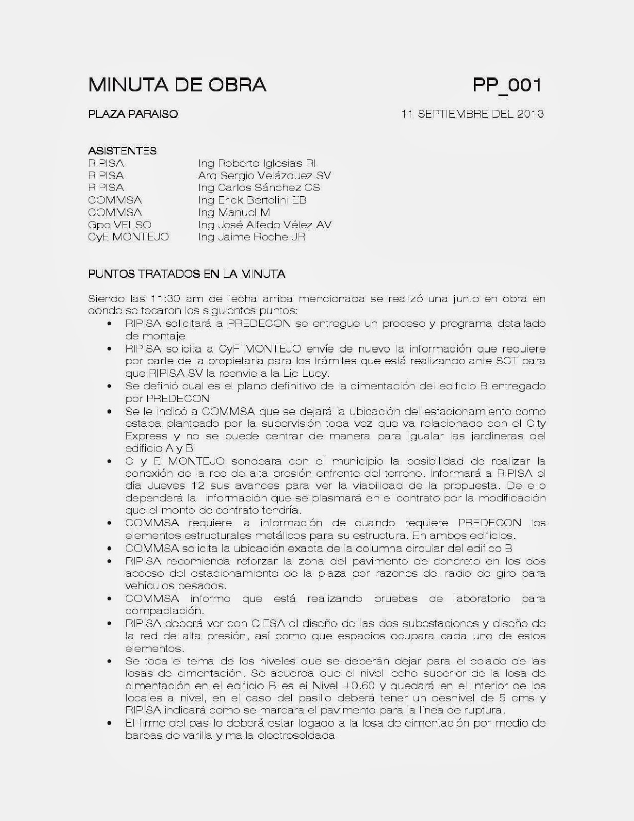 Bitacora de Obra PLAZA PARAISO: MINUTA DE OBRA PP_001 130911