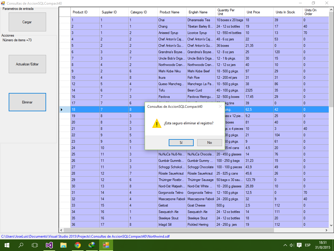 Acciones [Actualizar y Eliminar] en base de datos SQL Compact 4.0