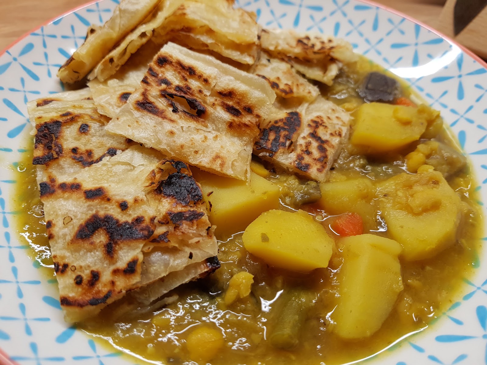 Roti Canai with Potato Dhal Lentil Curry