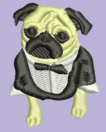 Perrito pug con smoking en diseño de bordado | El Señor Puntada