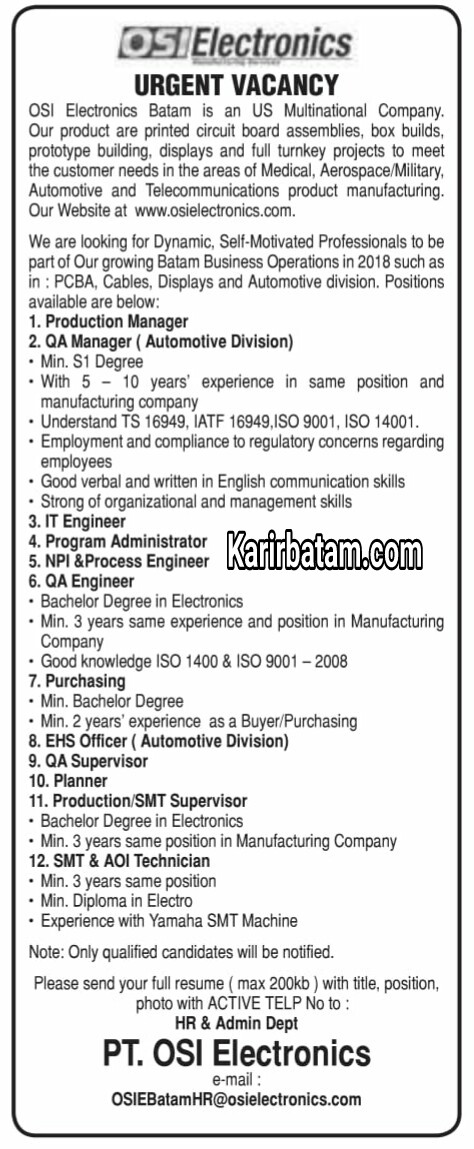 Lowongan Kerja PT. OSI Electronics - Lowongan Kerja Batam 2022