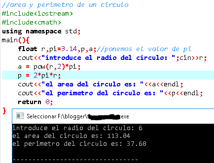 área y perímetro de un circulo en c++ ejercicio
