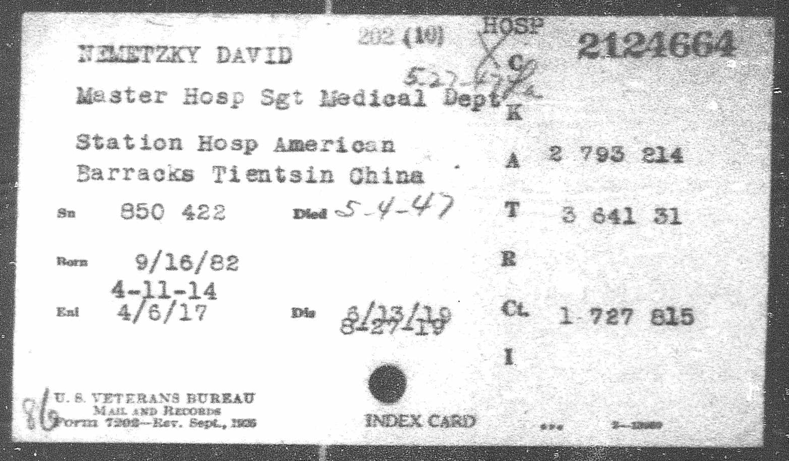 Dodge Family History: World War I Veterans Affairs Master Index Cards