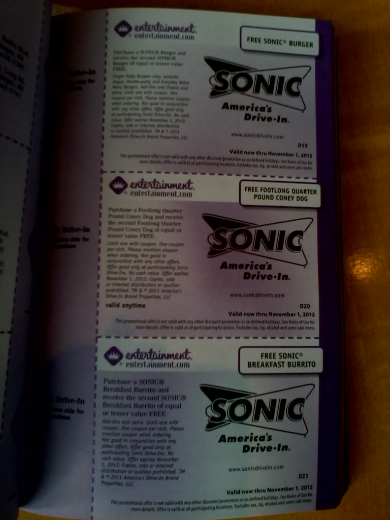superbSONIC: new SONIC entertainment book coupons