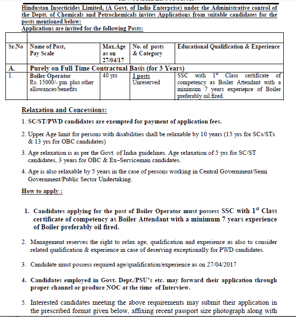 Applications are invited for the post of Boiler Operator at Rasayani ...