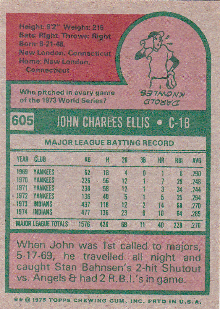 1975 Topps (it's far out, man): #605 - John Ellis