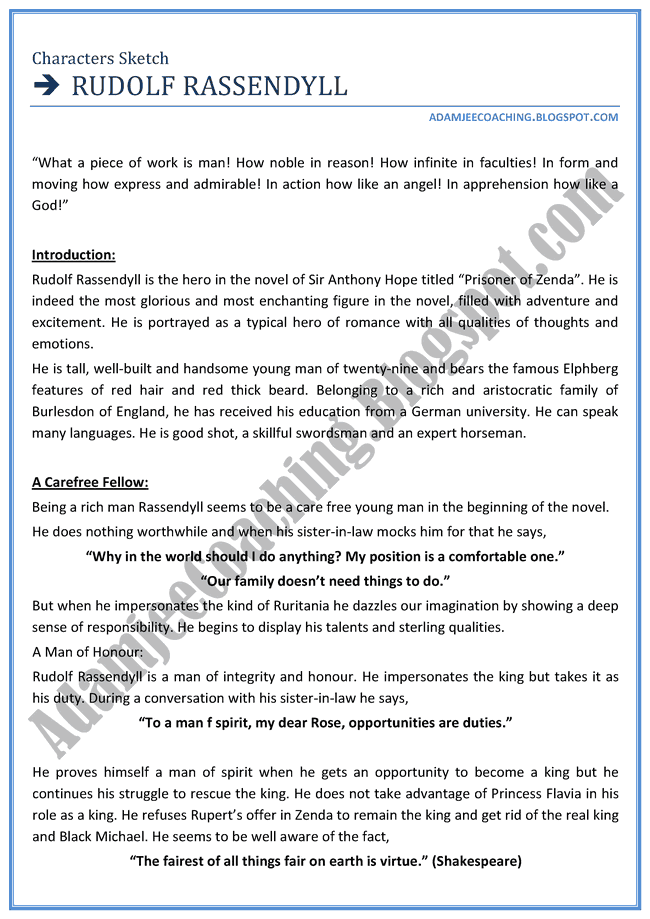 Adamjee Coaching: English XII - [Rudolf Rassendyll] - Characters Sketch