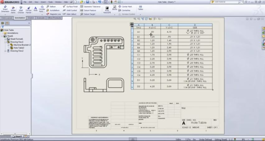 SolidWorks Tutorial วิธีการใช้เครื่องมือ Hole Tables ในส่วนของdrawing ...