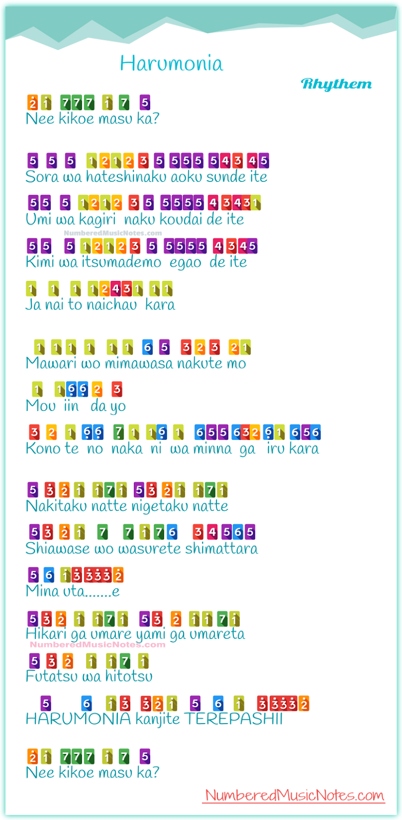 2nd Naruto Ending Numbered Music Note - Harmonia - Rhythem - Numbered ...