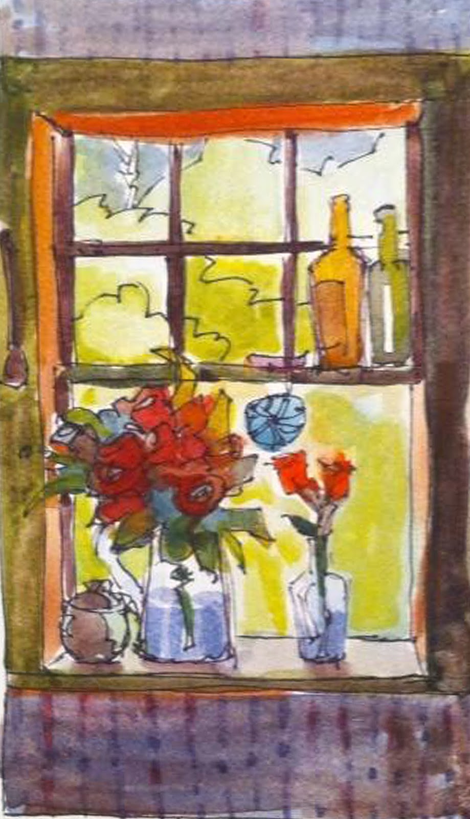 Jody Regan Paints: "Roses - Kitchen Window" watercolor and ink 6 x 4