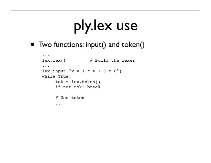 Python PLY Programming: 3.4 Building and using the Lexer