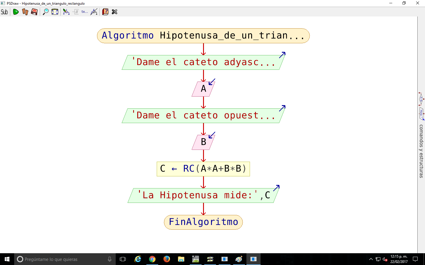 Desarrolla software utilizando programación estructurada.: Algoritmo hipotenusa de triangulo ...