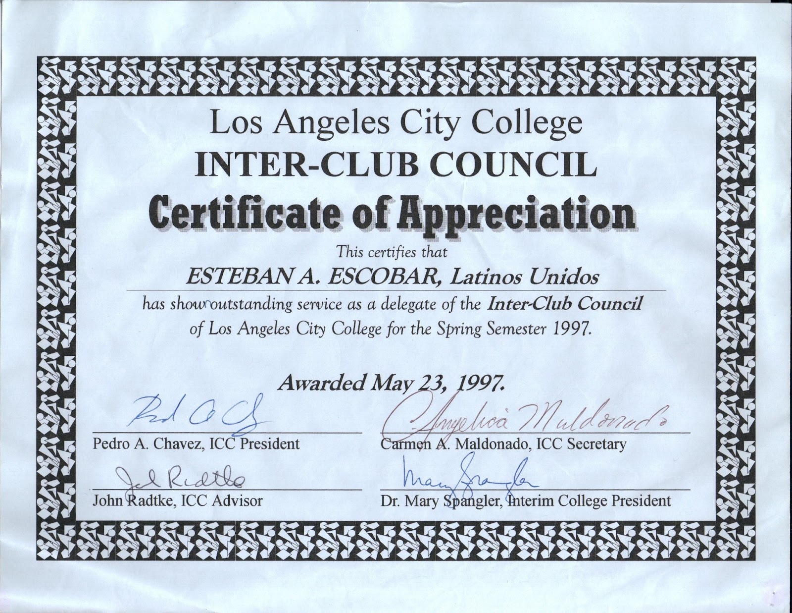 LACC Inter-Club Council Certificate of Appreciation to Steven Escobar ...