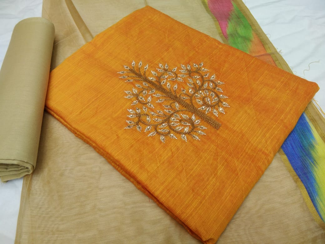 slub silk with hand zad work Dress Materilas