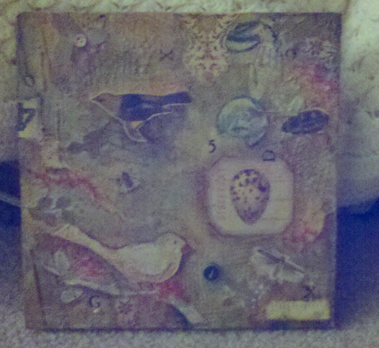 Midnight Painter: Collage on wrapped canvas panel with molded bird