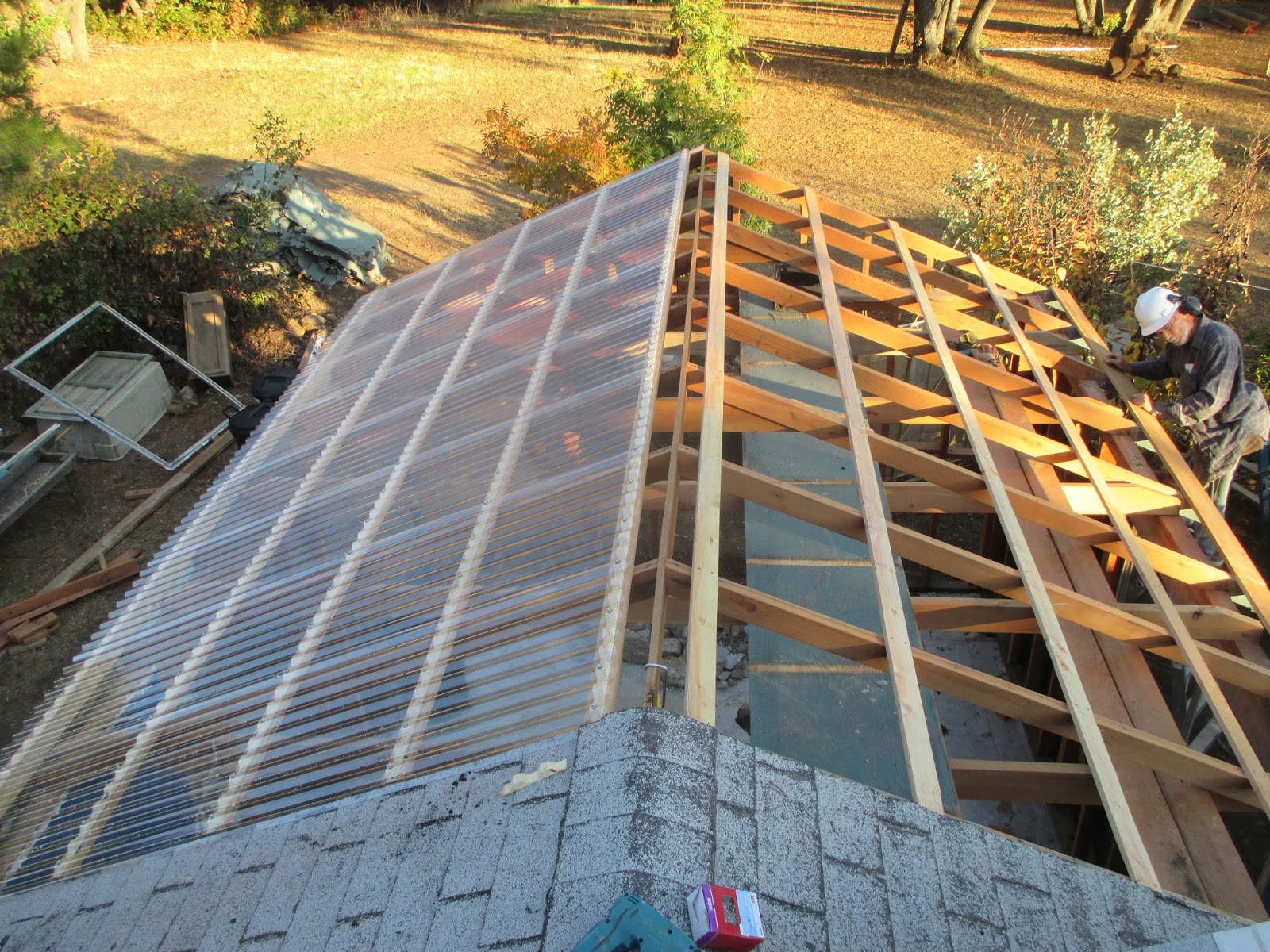 triangle: greenhouse (purlins, roof panels, and stucco removal---south ...