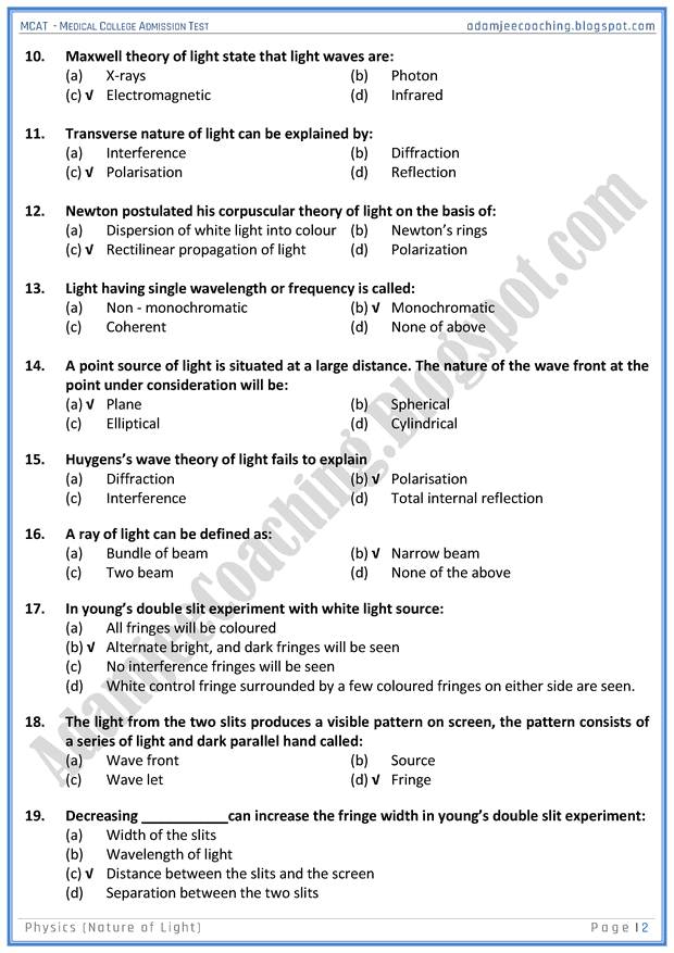 Adamjee Coaching: MCAT Physics [Nature of Light] Mcqs for Medical Entry ...