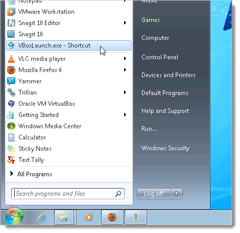 Access VirtualBox Virtual Machines from the Windows 7 Start Menu or Taskbar
