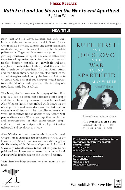 Ruth First & Joe Slovo in the War Against Apartheid: Book is Out in ...