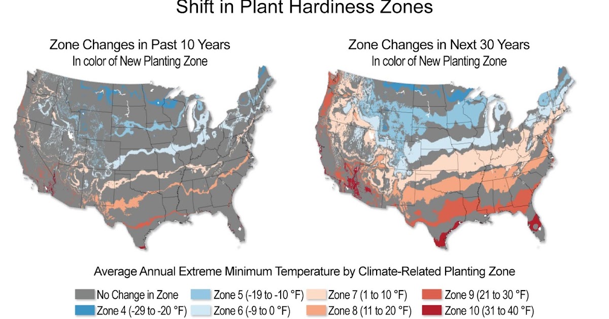 Shift in plant USDA hardiness zones in the United States