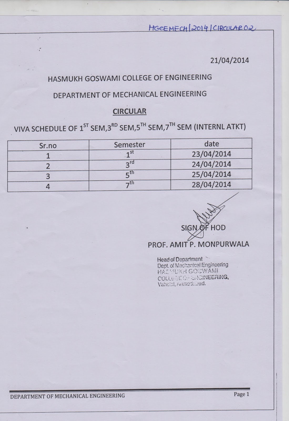 DEPARTMENT OF MECHANICAL ENGINEERING: CIRCULAR FOR INTERNAL ATKT