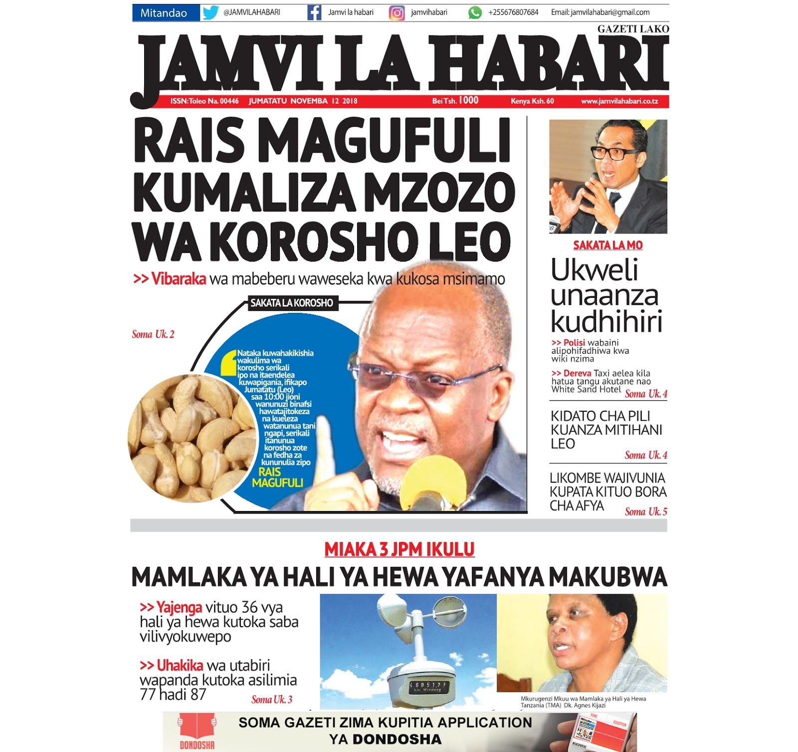 MAGAZETI YA LEO JUMATATU NOVEMBA 12, 2018 - Official CCM Blog