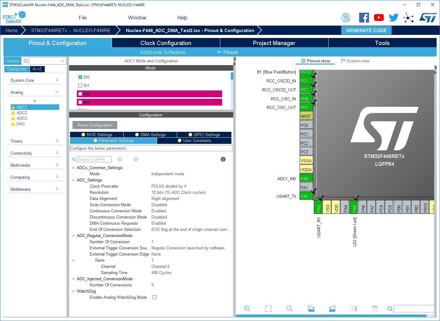 音源とオーディオの電子工作（予定）: STM32: ADCをDMAで使う（Nucleo-F446RE）