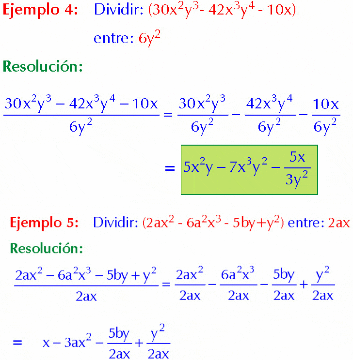 DIVISION DE UN POLINOMIO POR UN MONOMIO EJERCICIOS RESUELTOS