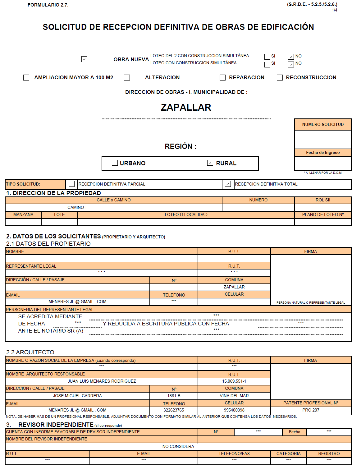 Solicitud recepcion final Casablanca: septiembre 2018
