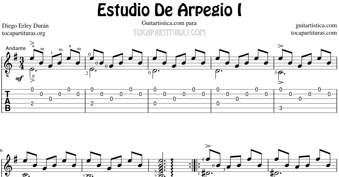 tocapartituras: Estudio de Arpegio Nº 1 Partitura y Tablatura para Guitarra por Diego Erley Durán.