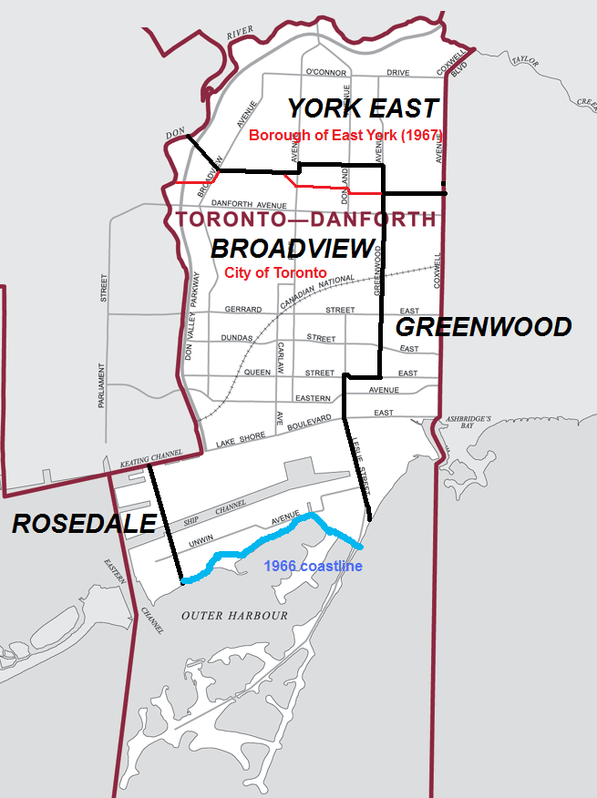 Canadian Election Atlas: Toronto--Danforth riding boundary history.