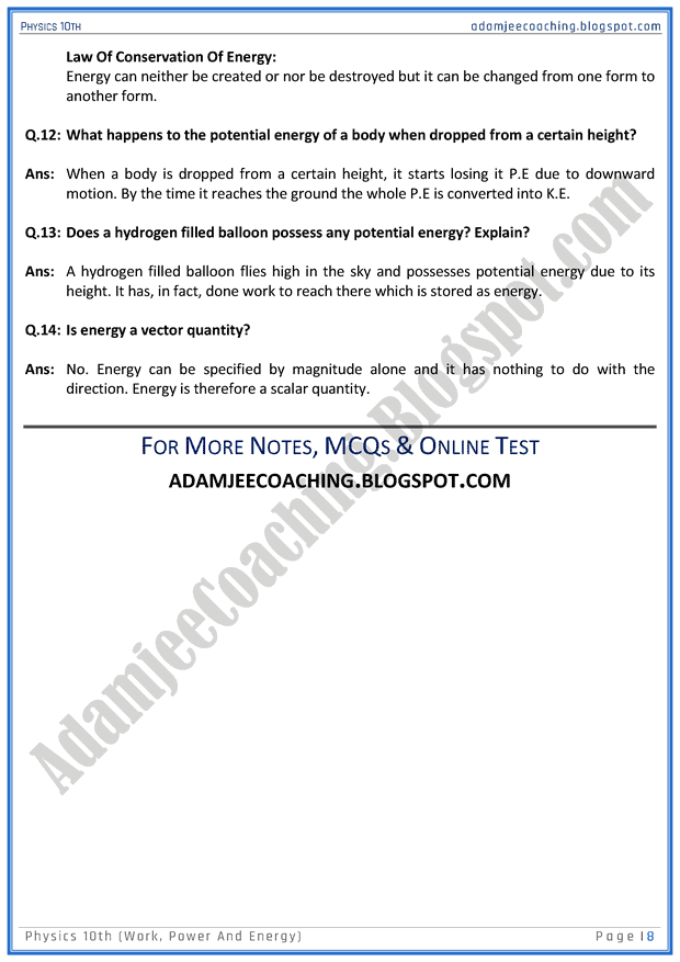 Adamjee Coaching: Work, Power And Energy - Question Answers - Physics 10th