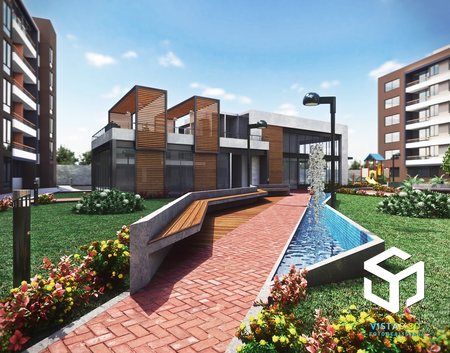 Vista en 3d de Parque central de proyecto inmobiliario multifamiliar ...