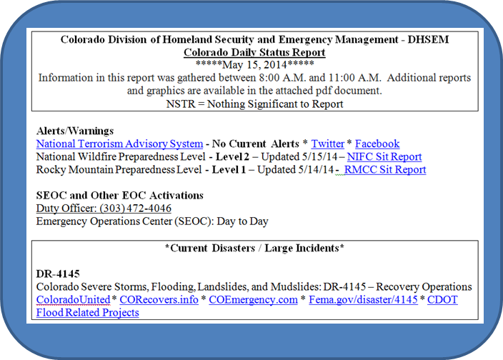Colorado Emergency Management: Colorado Daily Status Report May 15