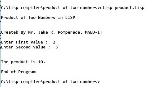 Free Programming Source Codes and Computer Programming Tutorials: Product of Two Numbers in LISP