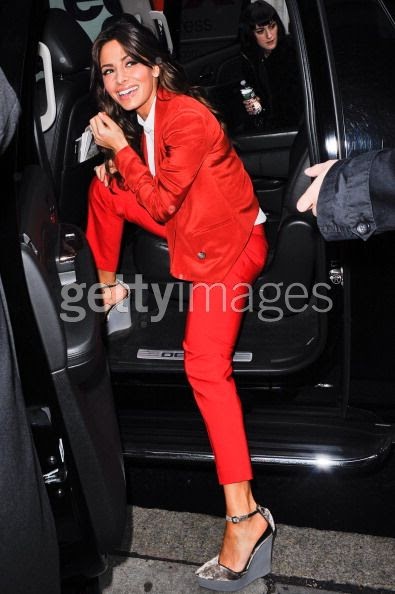 Ladies in Satin Blouses: Sarah Shahi - white satin blouse under red ...