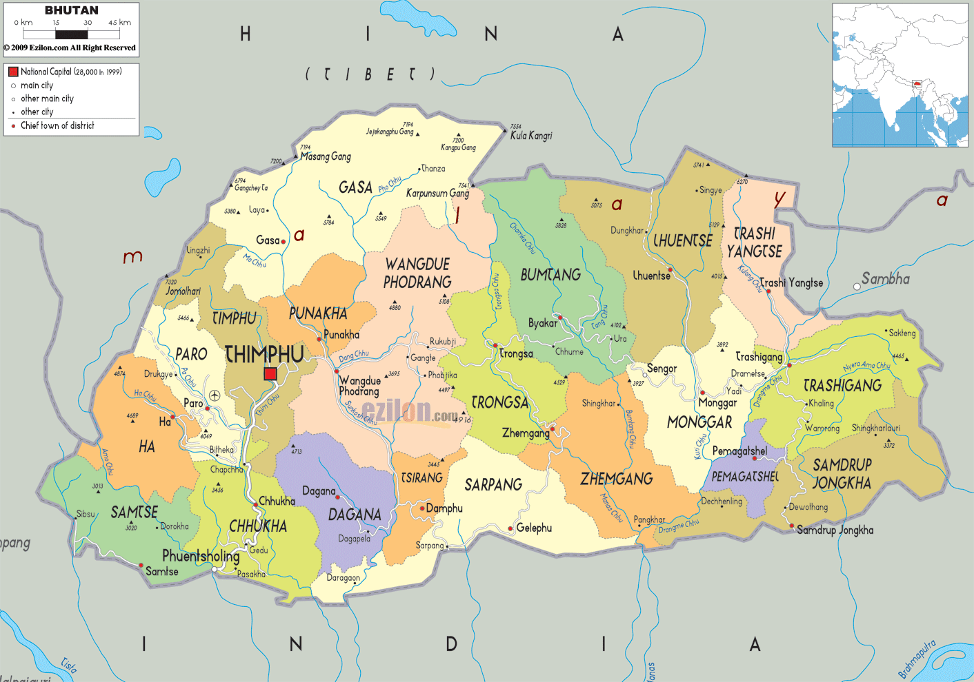 BHUTAN - GEOGRAPHICAL MAPS OF BHUTAN