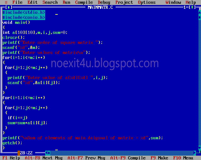 C Program To Calculate Sum Of Elements Of Main Diagonal Of Square Matrix ~