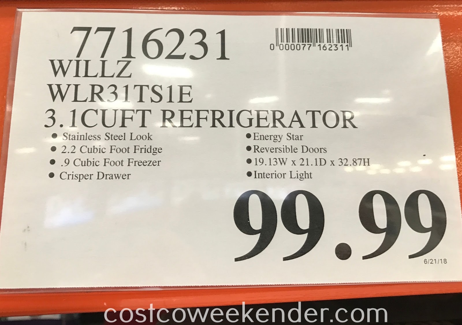 Willz 3.1 cubic ft Compact Refrigerator/Freezer (WLR31TS1E) | Costco ...