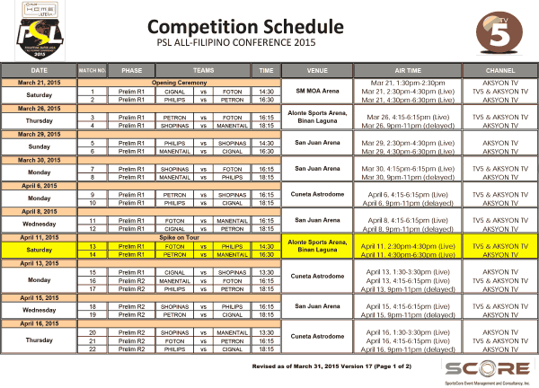 List of PSL All-Filipino Cup 2015 Complete Game Schedules