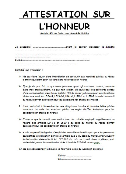 Exemples d'attestations sur l'honneur pour soumission en marchés ...